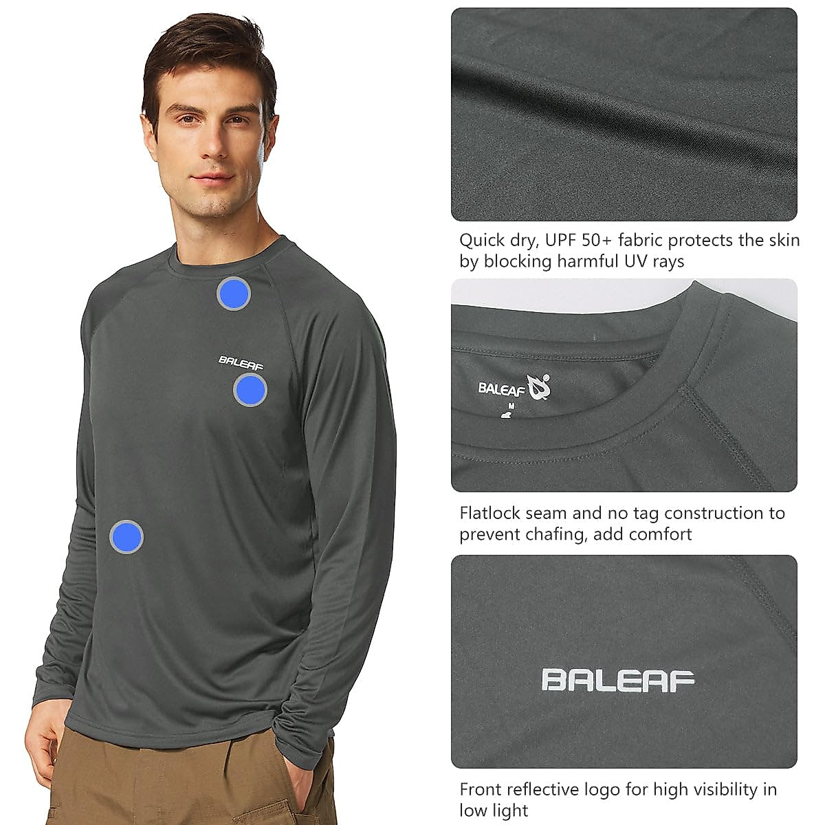 BALEAF Men's Sun Protection Shirts UV SPF T-Shirts UPF 50+ Long Sleeve Rash Guard Lightweight Hiking Summer Deep Gray Size XL