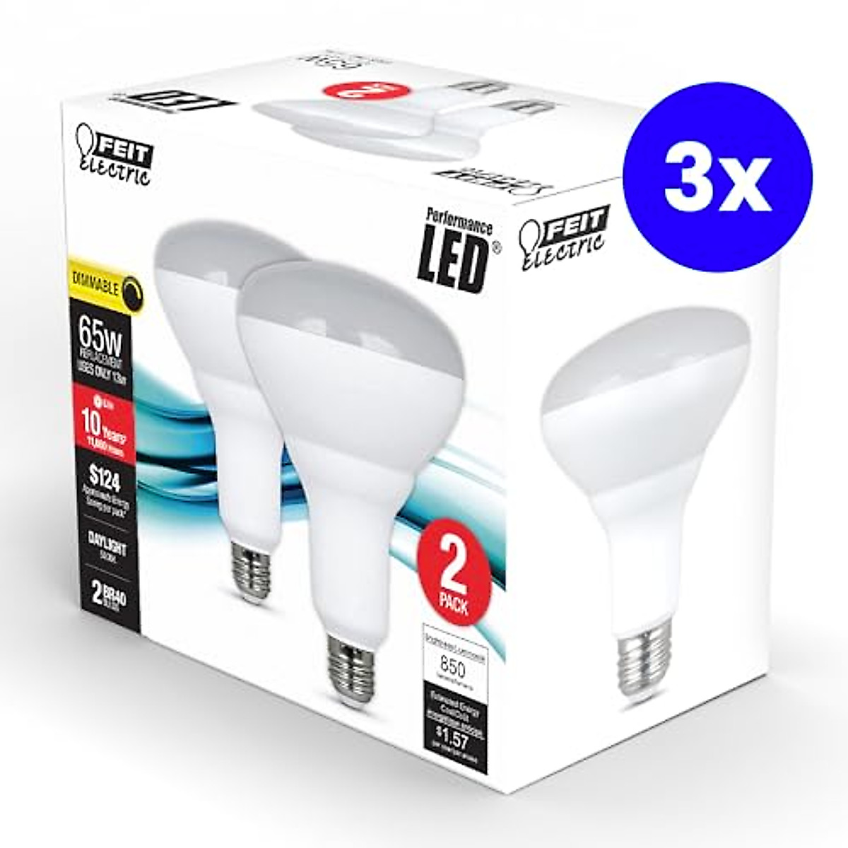 Feit Electric LED BR40 Bulbs, Dimmable, 65W Equivalent, 10 Year Life, 850 Lumens, E26 Base, 5000k Daylight, Flood Lights, Recessed Can Light Bulbs, Damp Rated, UL Listed, 6 Pack, BR40DM85010KLED/2/3