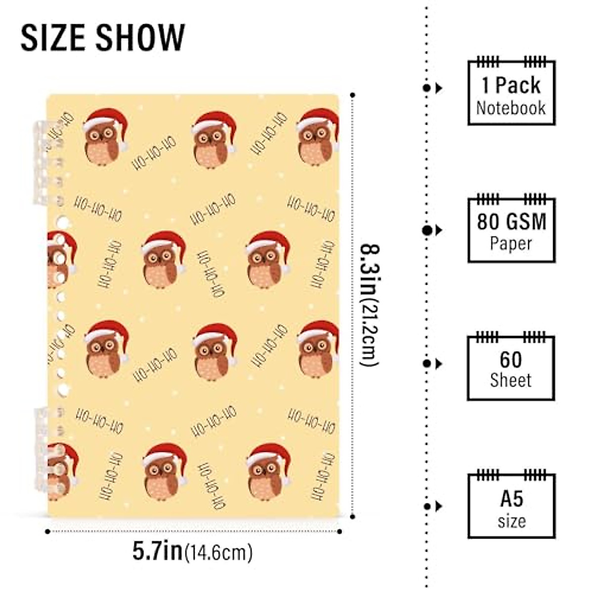 SPRIPORT Cute Owl Christmas Hat Spiral Journal Notebook for Women Men A5 Memo Notepad Sketchbook with Durable Hardcover & 60 Pages School Stuff for Study Notes Work School Journaling Boys Grils