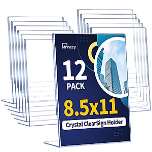 Annecy Sign Holder 8.5 x 11, 12 Packs Sign Stand for Display, L Shape Plastic Clear Sign Holder 8.5x11 Standing Vertical Menu Flyer Holder, Frames Table Signs for Stores, Restaurants, Hotels, Office