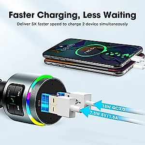 Upgraded Bluetooth FM Transmitter for Car, Auto-Tune Bluetooth Car Adapter, 2 Microphones & QC3.0 Bluetooth Radio for Car/ Music Player/ Car Kit with Big Knob Button, 9 Colors LED Backlit