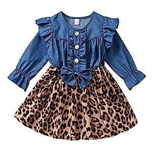 Toddler Baby Girl Long Sleeve Fall Dress Infant Denim Leopard Ruffle Dresses Cheetah Outfit, Blue, 2-3T