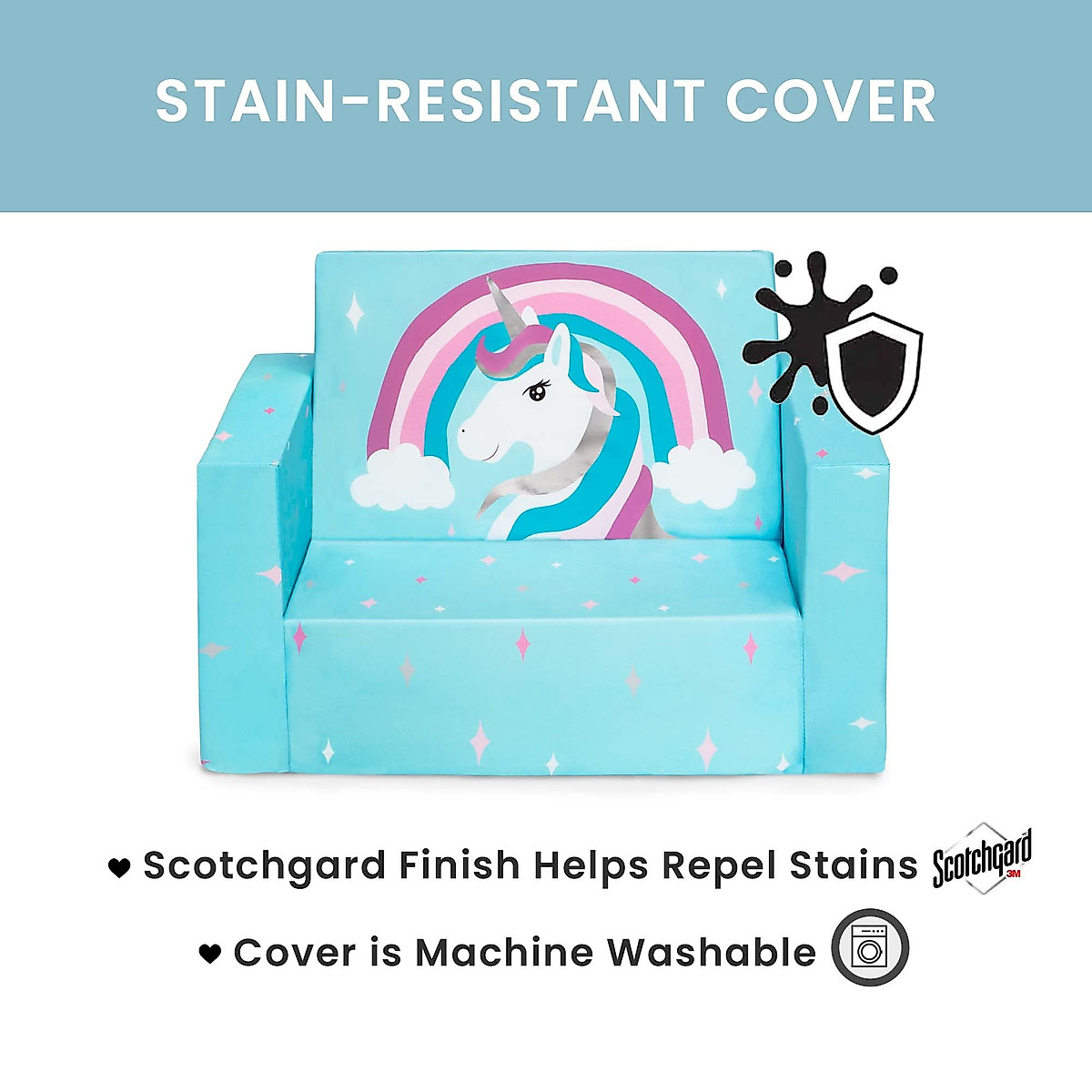 Delta Children Cozee 2-in-1 Convertible Sofa to Lounger For Bedroom - Lightweight,Portable Comfy Flip Open Couch/Sleeper for Kids, Blue Unicorn