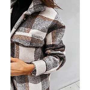 Esmeling Womens Plaid Shacket Brushed Flannel Shirt Jacket Mid Long Wool Blend Tartan Coat(0001-DarkGrey-M)