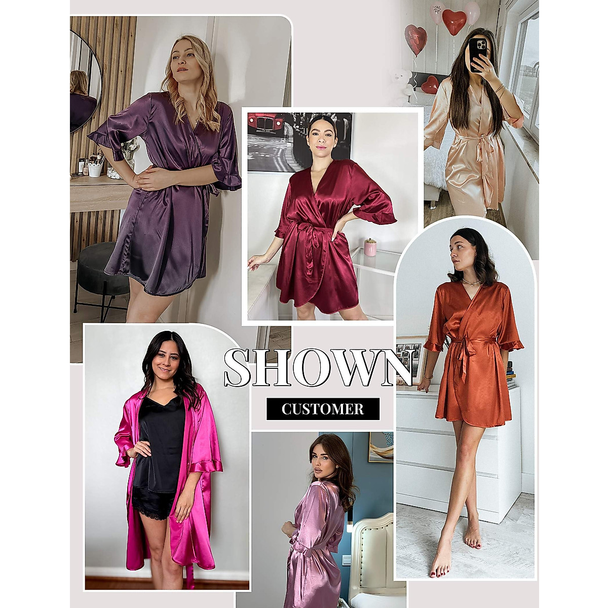 Ekouaer Women's Satin Robe Valentines Lingerie for Women Kimono Bathrobe 3/4 Sleeve Ruffle Belted Robes Bridesmaids