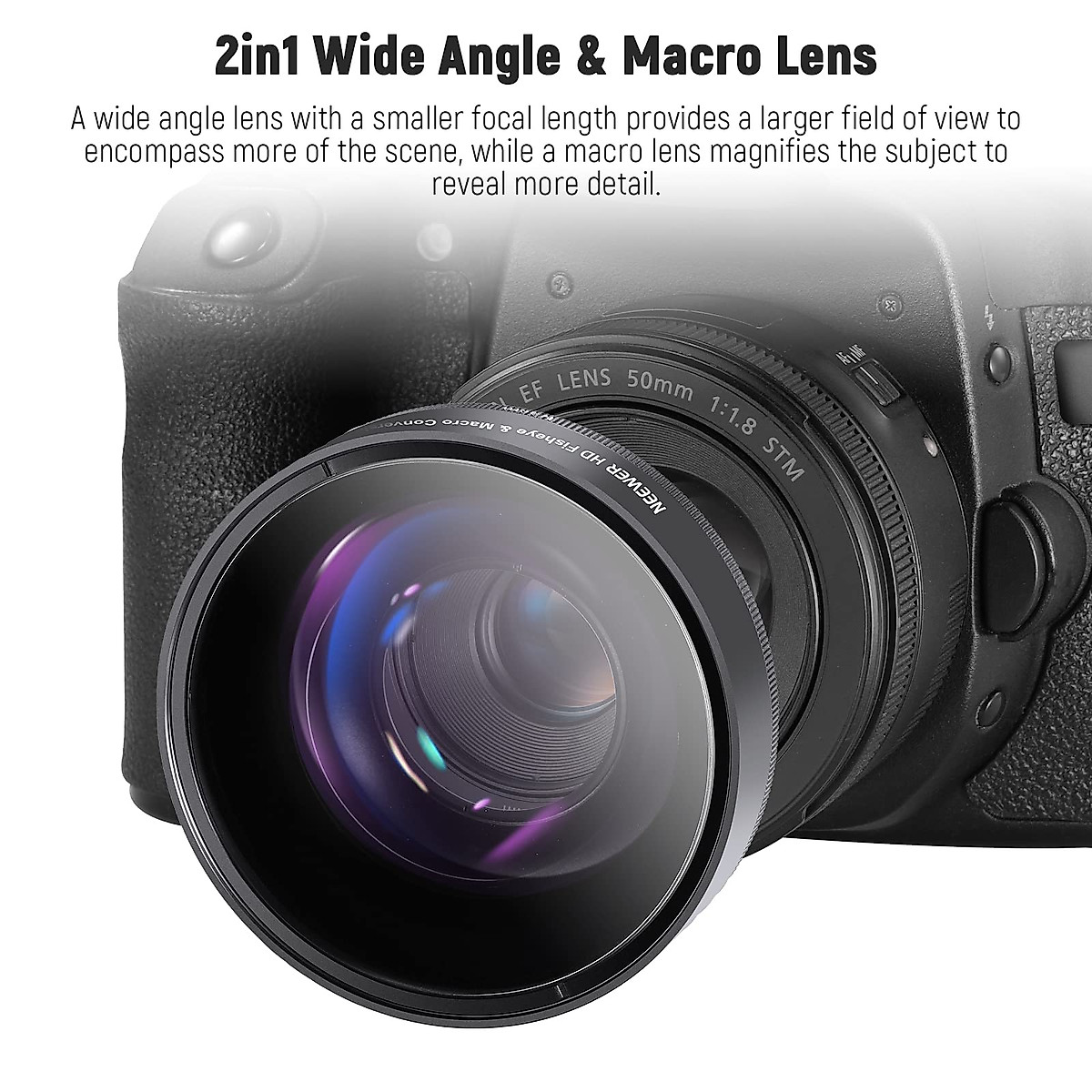 NEEWER 49mm 0.43X HD 2 in 1 Ultra Wide Angle & Macro Lens, 18mm Focus Compatible with Canon EOS Kiss M2 EOS RP EOS R10, Extra 40.5-49mm Adapter Ring Needed for Sony ZV-E10 A6400 A7 IV Nikon Z50, LS-20