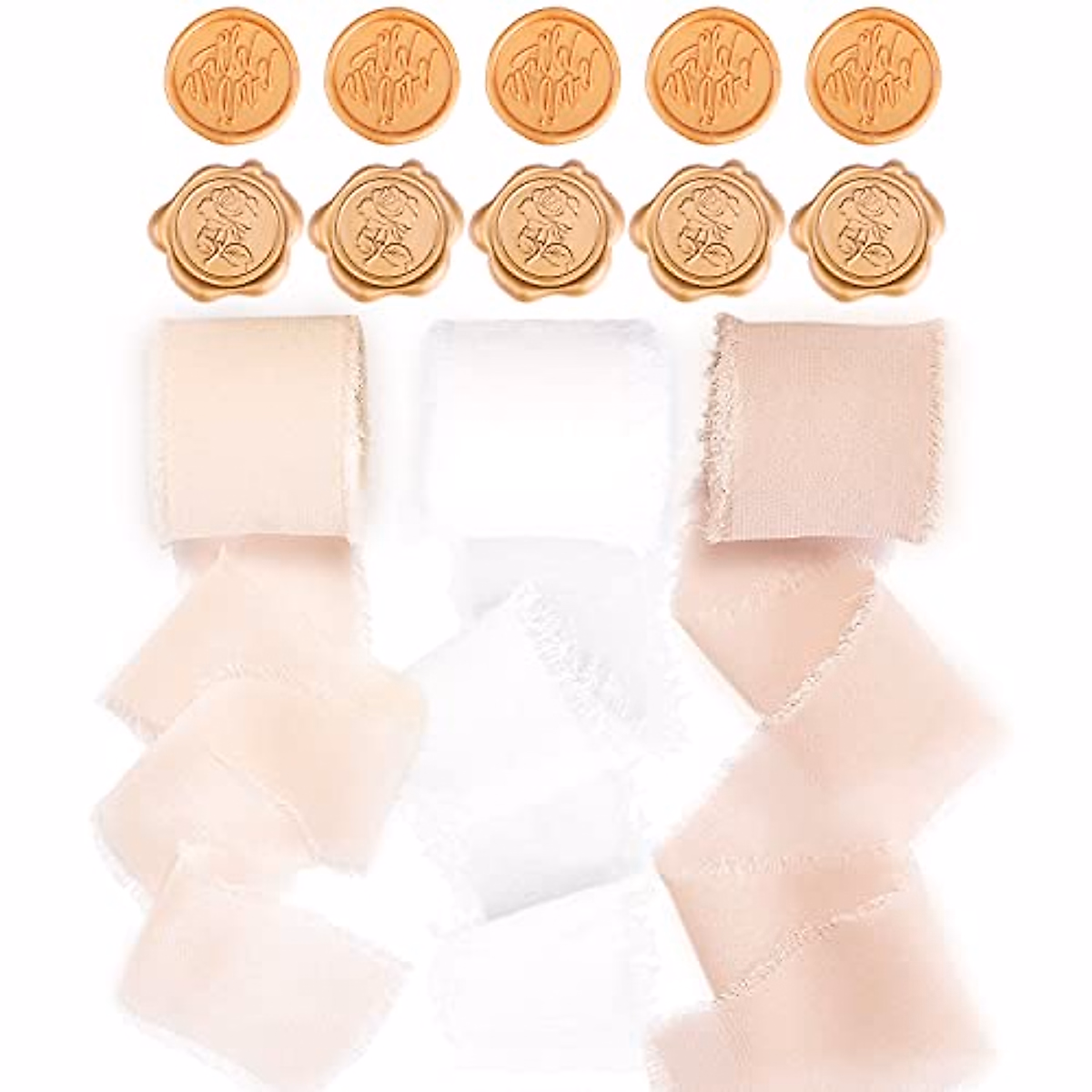 Chiffon Silk Ribbon for Gift Wrapping, White Beige Ribbon for Wedding Invitation Bouquet, 3 Rolls 1.5" Wide x 7 Yd Gift Wrap Cream Ribbon, with 10Pcs Wax Seal Sticker