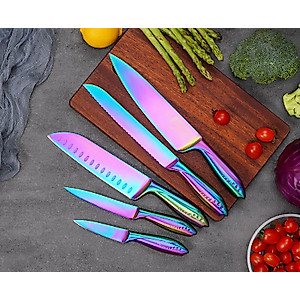 Hollory Rainbow Kitchen Knife Set 5 Piece, Super Sharp German Stainless Steel Blade with 8 in Chef, 8 in Bread, 7 in Santoku, 5 in Utility, 3.5 in Paring - Gift Box