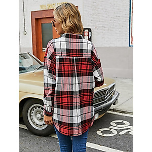 Floerns Women's Casual Plaid Long Sleeve Button Front Collar Blouses Shirts Top Red Black XS