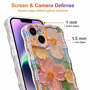 EYZUTAK Case for iPhone 14, Colorful Retro Oil Painting Printed Flower Laser Beam Glossy Pattern Cute Curly Waves Border Exquisite Phone Cover Stylish Durable TPU Protective Case for Girls Women-Green