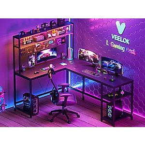 VEELOK L Shaped Gaming Desk with Hutch Pegboard LED Lights (Black)