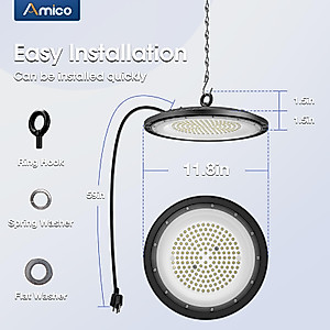 Amico 4 Pack UFO LED High Bay Light 150W 21,000lm 5000K with UL Listed US Hook 5' Cable Alternative to 650W MH/HPS for Gym Factory Barn Warehouse Lighting Fixture