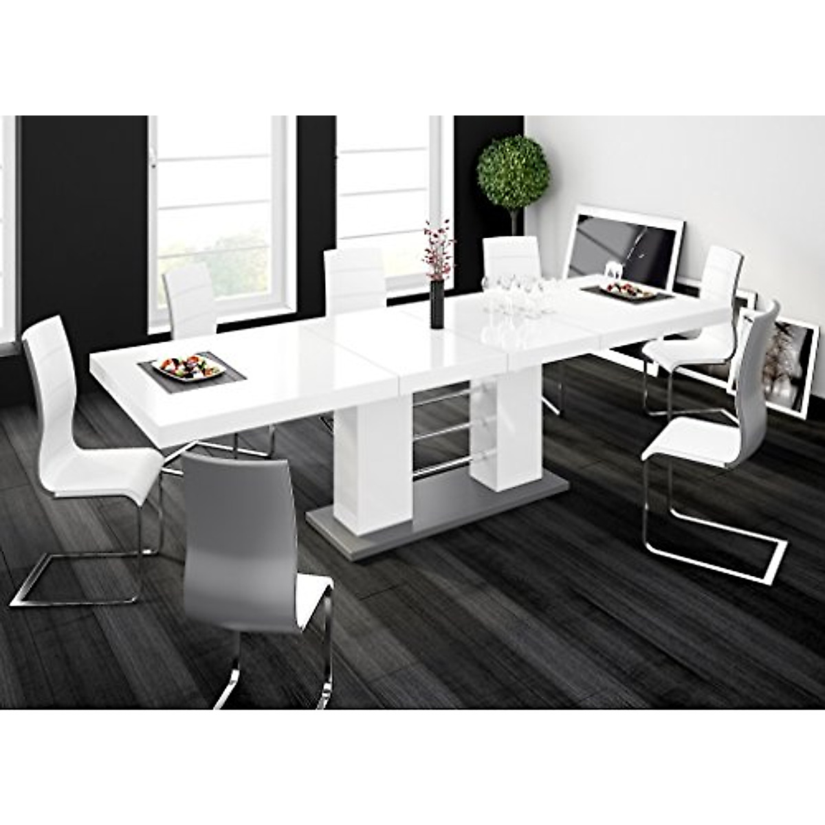 LINOSA 2 Modern Glossy Dining Table with Extensions for up to 10 People (White), Made in Europe
