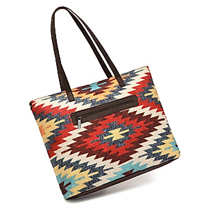Wrangler Tote Purse Bag Aztec Canvas Shoulder Bags Native American Western Handbags for Women Genuine Leather Strap Hobo Bag WG53-8112MUTI