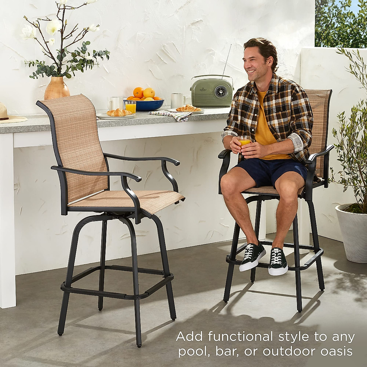 Best Choice Products Set of 2 Swivel Barstools, Bar Height Outdoor Chairs, 360 Rotating Patio Bar Stools w/All-Weather Mesh, 300lb Capacity - Tan
