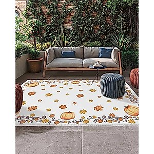 Pumpkin Outdoor Area Rug 4'x6',Patio Balcony Porch Front Door Camping Camper Deck Runner Rug,Washable Carpet Indoor Living Room/Kitchen,Hallway Floor Mat Fall Thanksgiving Maple Leaves Orange Autumn