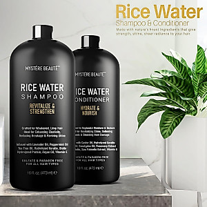 MYSTÉRE BEAUTÉ Rice Water Shampoo and Conditioner Set - Ultra-Nourishing Hair Care Set, Promotes Growth, Revitalizes Shine, and Shields from Damage - Infused with Essential Oils - 16 fl oz Each