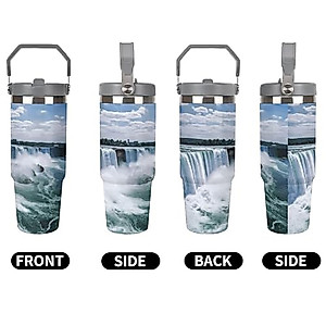 30oz Stainless Steel Insulated Tumbler with Flip Lid & Straw, Leakproof Travel Mug for Car, Niagara Falls Double Wall Vacuum Thermal Coffee Cup with Handle, Spill-Proof Design for Hot/Cold Drinks
