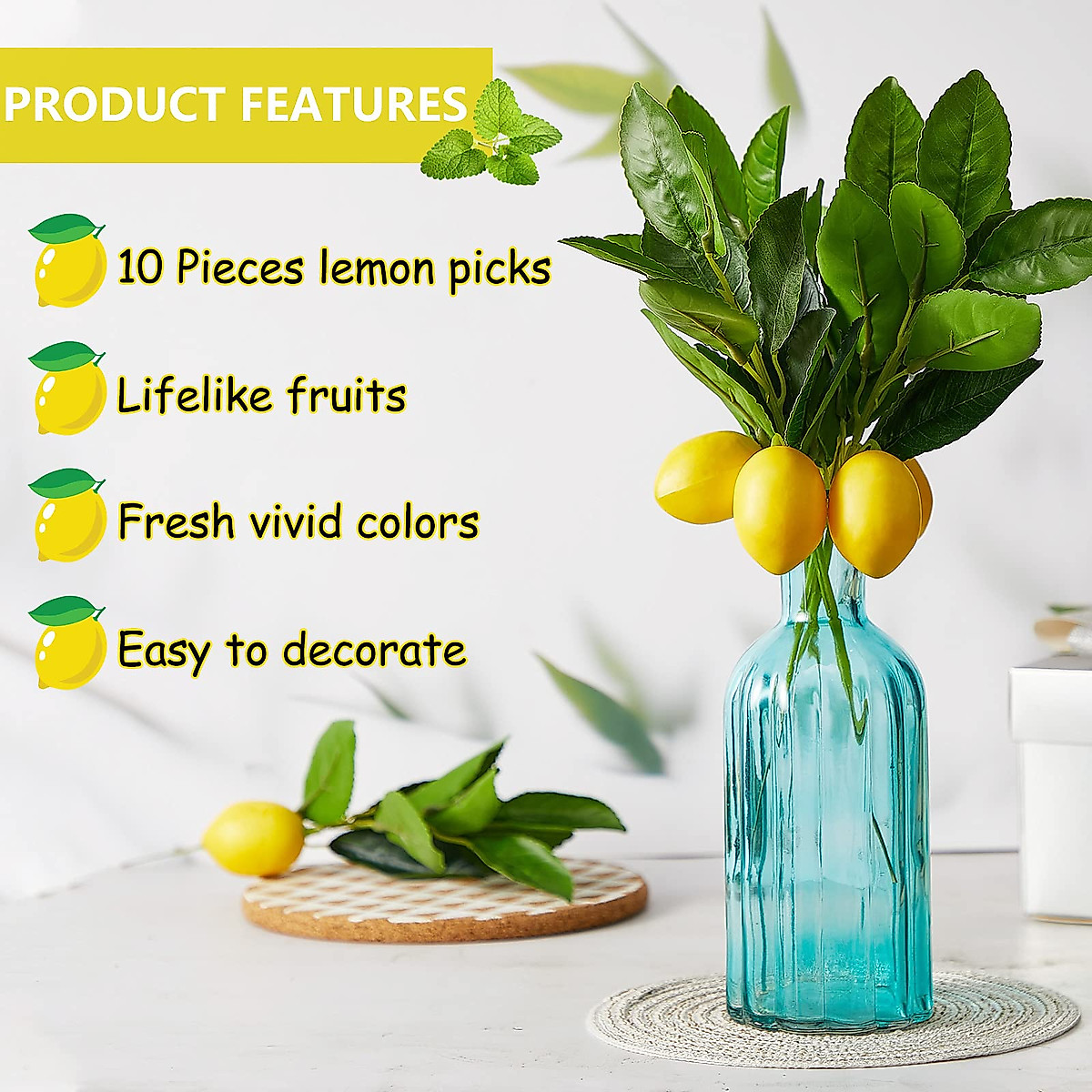Chuangdi 10 Pieces Artificial Lemon Branches Lemon with Green Leaves Picks Artificial Lemon Picks Decoration for Home or Table Centerpiece, Holiday Farmhouse Garden Kitchen Vase Decoration