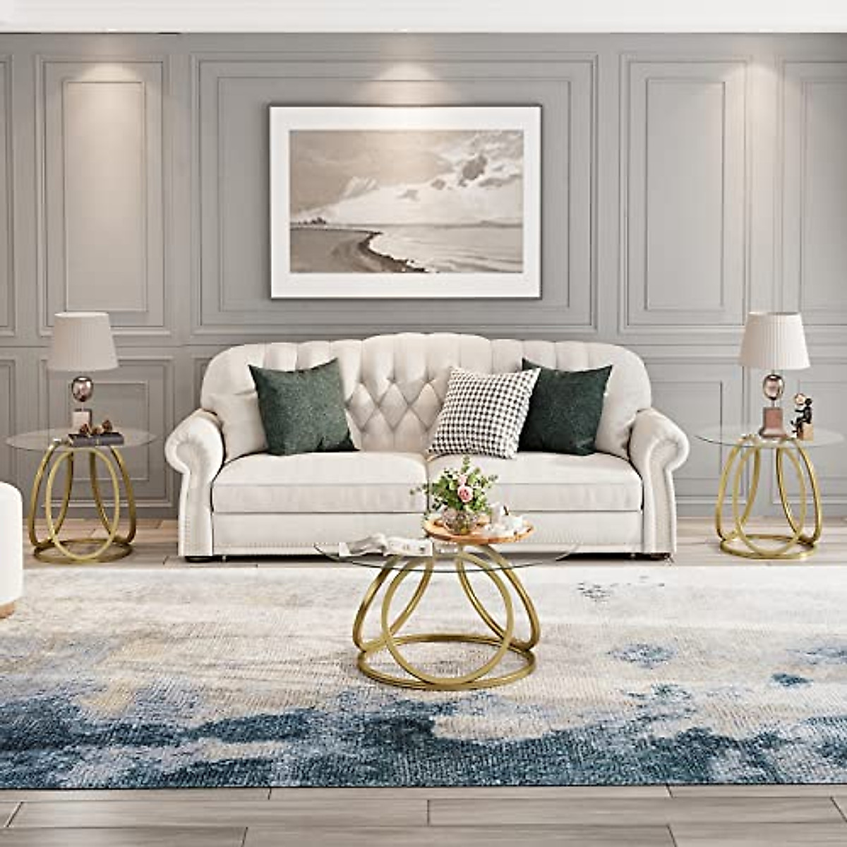 O&K FURNITURE Gold Coffee Table, Modern Round Glass Coffee Table for Living Room with Ring-Shaped Frames, Gold Glass Table for Home&Office,Gold Finish, 1PC