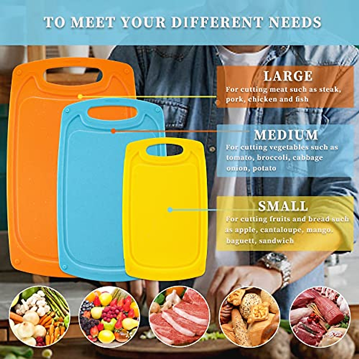 Plastic Cutting Board for Kitchen, 3 Pieces Dishwasher Safe Cutting Boards with Juice Groove, Durable, Non-Slip, BPA-Free, and Knife Friendly Cutting Board Set - Perfect for Meat, Vegetables, Fruits