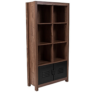 Flash Furniture New Lancaster Collection 59.5"H 6 Cube Storage Organizer Bookcase with Metal Cabinet Doors in Crosscut Oak Wood Grain Finish