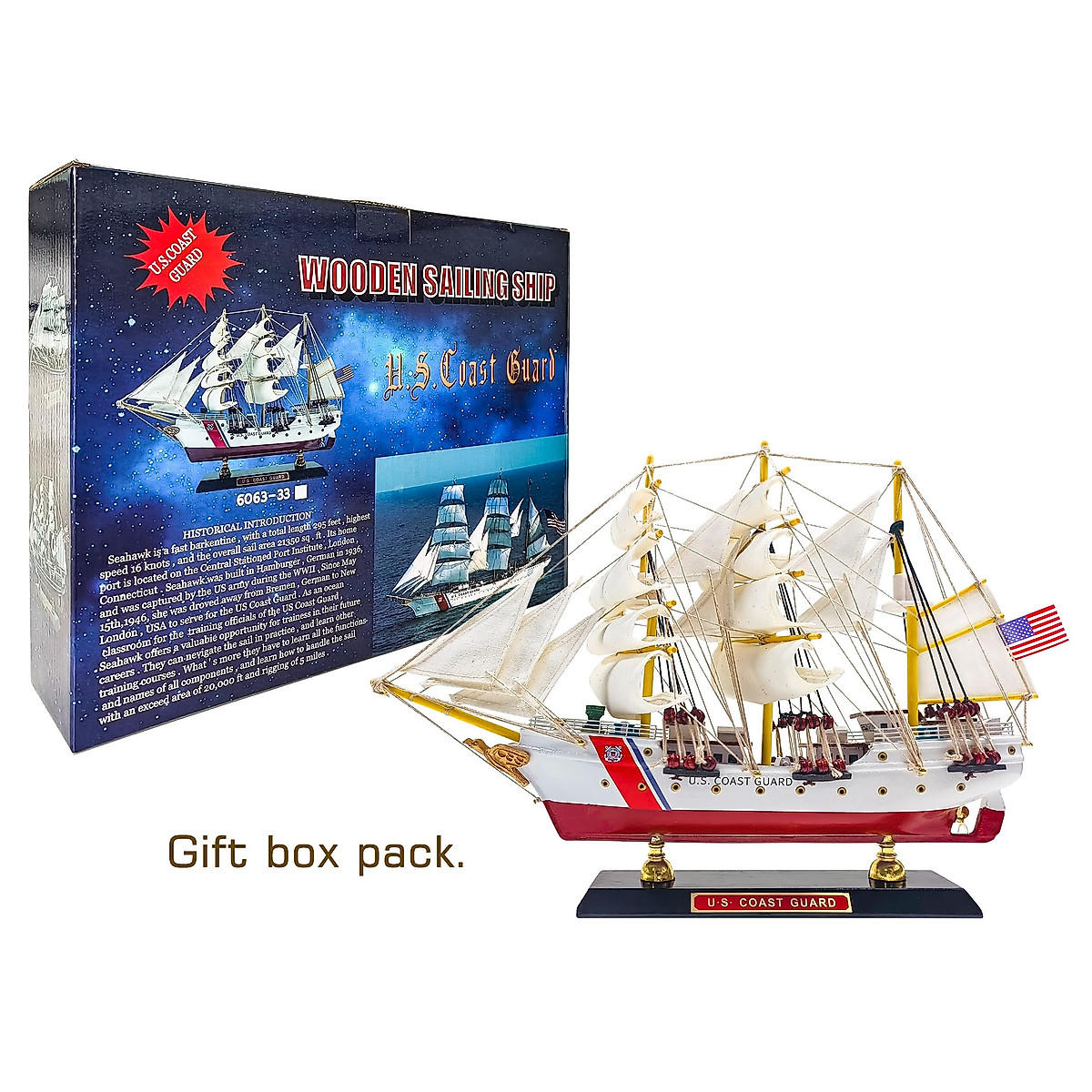 SAILINGSTORY Wooden Model Ship US Coast Guard Eagle Barque Ship Model Sailboat Decor USCG 1936 Replica Small