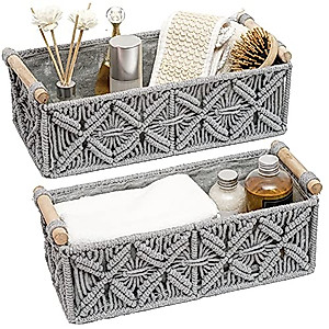 Macrame Storage Basket Boho Decor Baskets for Organizing Woven Decorative Basket for Countertop Toilet Paper Basket for Tank Top for Home Decor Bedroom Nursery Livingroom Entryway (Set of 2,Grey)