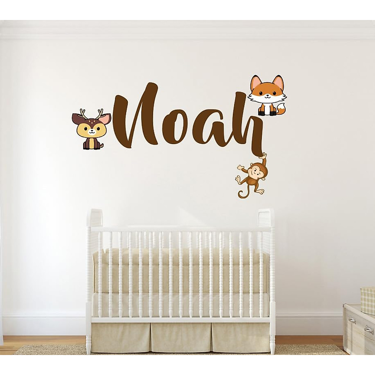 Personalized Boys Name Wall Decal - Boys & Girls Custom Name Wall Decal - Fox Wall Decal -Baby Deer Fox and Monkey Animal Theme - Wall Decal for Nursery Bedroom Decoration (Wide 16"x10" Height)