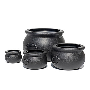 Glocamping 4 in 1(7.4”, 5.5”, 3.7”, 2.8”) Package Large Black Plastic Witch Cauldron Kettle, Candy Holder, Party Favor Decoration for St Patrick’s Day & Halloween