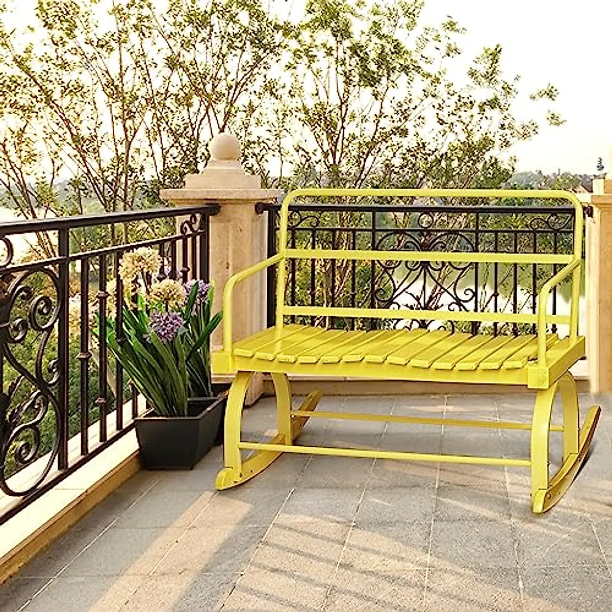 GAOMON Outdoor Patio Rocking Chair,42.52" D x 33.46" W x 35.43" H 2-Person Iron Rocking Chair,Outdoor/Indoor Rocking Chair, Patio Rocking Chair with Wide Seats for Backyard, Garden,Light Yellow