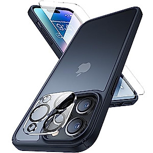 [5-in-1] Humixx Designed for iPhone 14 Pro Case, 2X Tempered Screen Protector + 2X 9H Lens Protector [10FT Military Shockproof] Slim Protective Translucent Matte Case for iPhone 14 Pro 6.1 inch, Black
