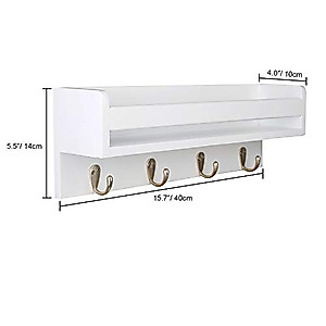 Halcent Wall Mounted Coat Rack Floating Wall Shelf, Wood Coat Hook Rack Entryway Organizer with 4 Key Holder Hooks for Magazine Letter Mail Holder