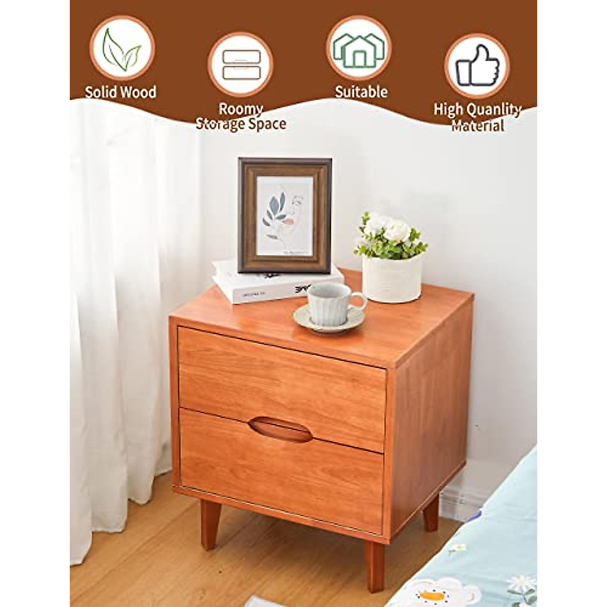 Mid Century Modern Grooved Handle Wood Nightstands Side Table Bedroom Storage Drawer and Shelf Bedside End Table, 2 Drawer (Caramel)