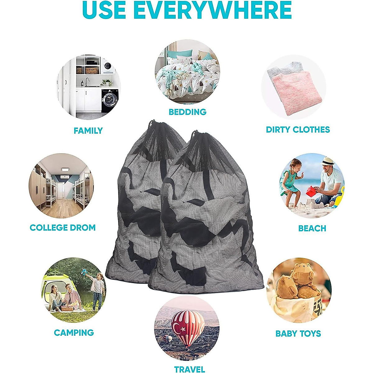 Meeall Mesh Laundry Bag Heavy Duty Drawstring Bag, College, Dorm, Travel, Family and Apartment Dwellers, 27 x 36 Inches, 2 Pack, Black