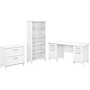 Bush SET013WH 60-Inch W Office Desk w/Lateral File Cabinet and 5-Shelf Bookcase White