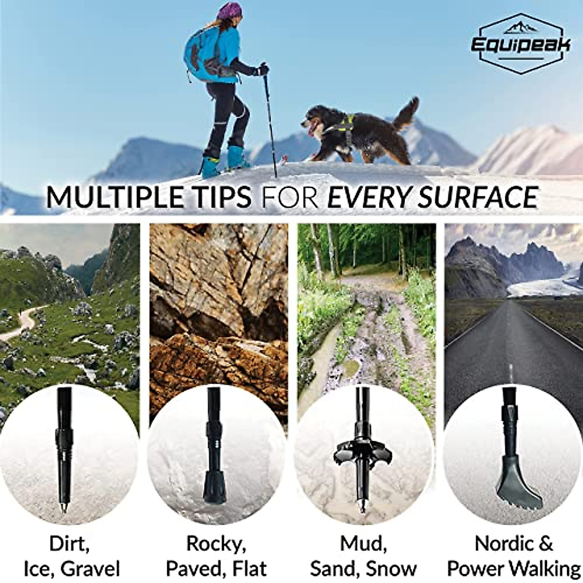 EQUIPEAK Trekking Poles for Hiking - 2 Folding Walking Sticks with Cork & Eva Grip - Lightweight Collapsible Hiking Poles for Backpacking Gear, Fast & Strong Locking Nordic Walking Poles for Travel