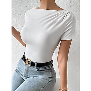 Verdusa Women's Ruched Boat Neck Short Sleeve Slim Fitted Tee T Shirt Top White M