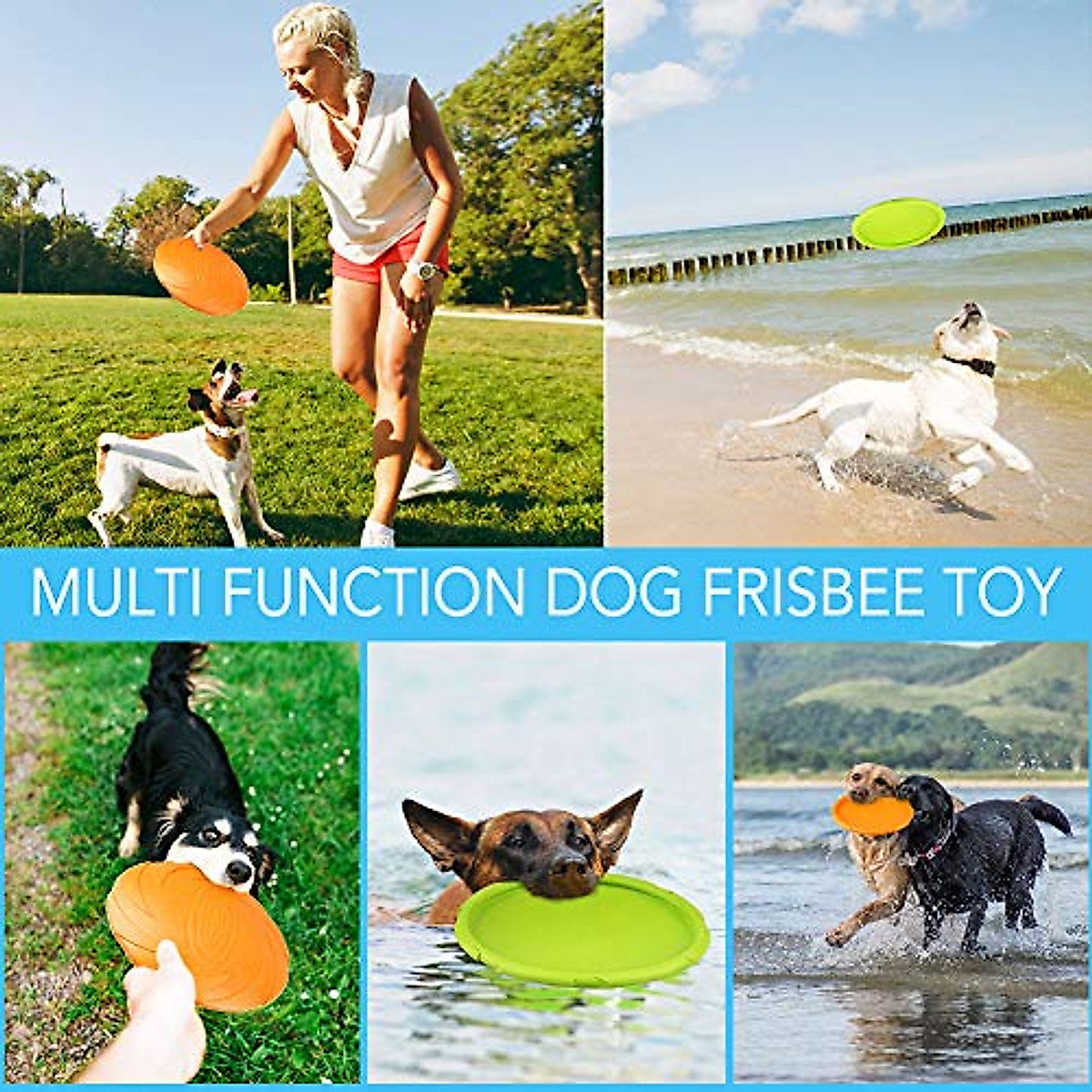 PrimePets Dog Frisbees, 2 Pack, 7 Inch Dog Flying Disc, Durable Dog Toys, Nature Rubber Floating Flying Saucer for Water Pool Beach, Orange and Green