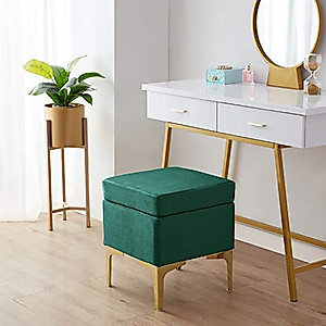 Ornavo Home Madison Modern Contemporary Square Upholstered Velvet Ottoman - Vanity Chair - Gold Metal Legs - Emerald Green