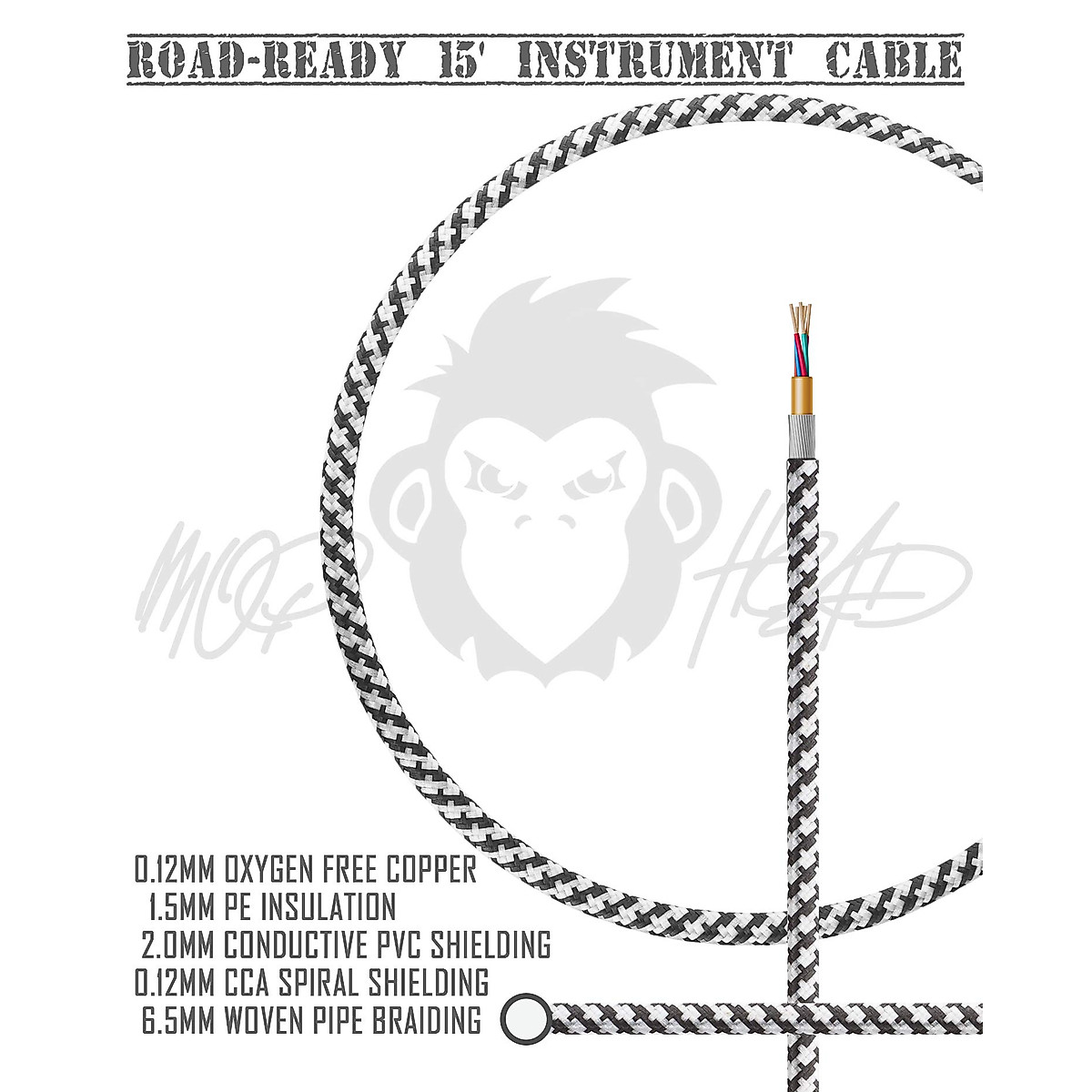 Mophead 15-Foot Guitar Instrument Cable - 1/4 Inch TS to 1/4 Inch TS Right Angle Pro Grade Double Insulated Tweed Braided for Electric Guitar, Bass, Amp, Keyboard (Black and White)