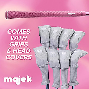 Majek Pink Senior Ladies Golf Hybrids Irons Set New Senior Women Best All True Hybrid Ultra Light Weight Forgiving Fuchsia Woman Complete Package Includes 4 5 6 7 8 9 PW SW All Lady Flex Utility Clubs