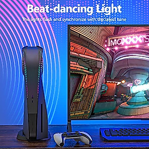 Face Plates for PS5 Console + RGB LED Light Strip + Dust Cover Net, Playstation 5 Kit with Fan Vents Faceplate Shockproof ABS Shell, Pets Hair Anti-dust Cover, 8 Colors RGB LED Light Ring. (Black)