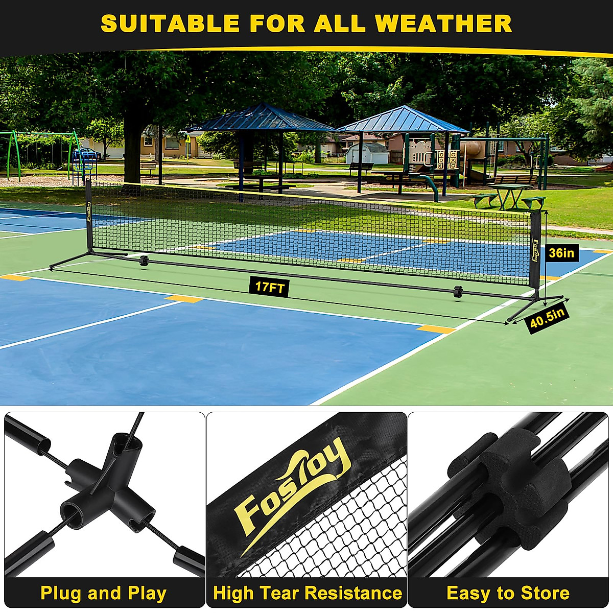 Fostoy Pickleball Set with Net, 17FT Portable Pickleball Net, 36-61in Adjusts All in one Pickleball Badminton Net Set with Pickleball Paddles and Badminton Rackets for All-Weather for Indoor Outdoor