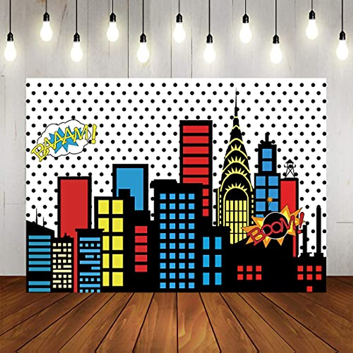 Art Studio 8x6ft Superhero Super City Photography Backdrops Skyline Buildings City Boom Photo Background Children Birthday Party Banner Photo Studio Booth Cake Table Decor