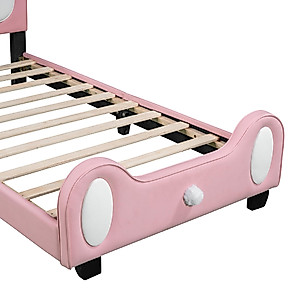 Harper & Bright Designs Kids Twin Upholstered Princess Bed with Rabbit-Shaped Headboard, Cute Twin Size Platform Bed Frame, No Box Spring Needed (White+Pink)