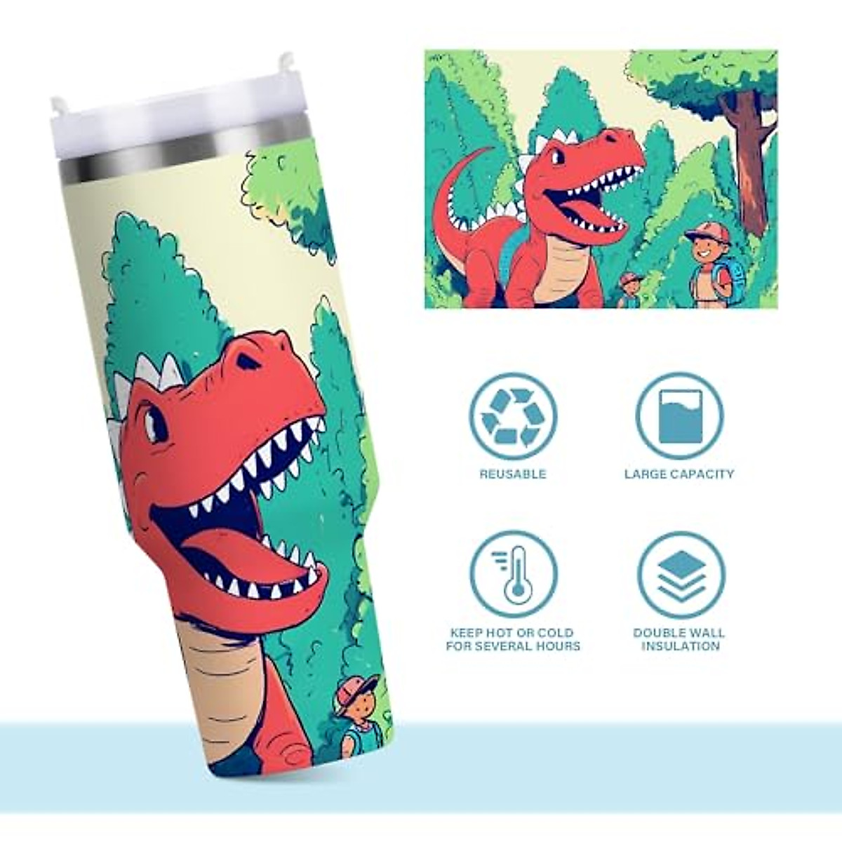 Nexawaveo Dinosaur with Boys Tumbler With Handle And Straw 30-40oz Insulated Tumbler Cups With Lid Stainless Steel for Cold Water and Drinks for School Work Sports Car Travel and Weekends