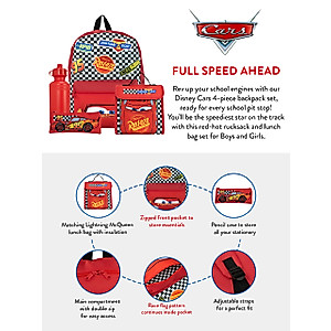 Disney Cars Backpack Set 4 Piece | Lightning McQueen Backpack Pencil Case Water Bottle and Lunch Bag | Children's Backpacks For School And Adventures | Official Cars Merchandise
