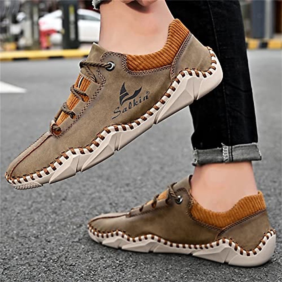 Dacomfy Mens Casual Shoes Fashion Sneakers Leather Oxfords Work Shoe Lightweight Walking Shoes Slip on Sneaker for Men Khaki Size 11