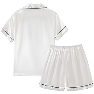 Vopmocld Big Kids Unisex Pjs Set Girls Boys Silk Pajama Sets Satin Clasic Sleepwear Summer 2 Pieces Button Down Nighty, White, 14